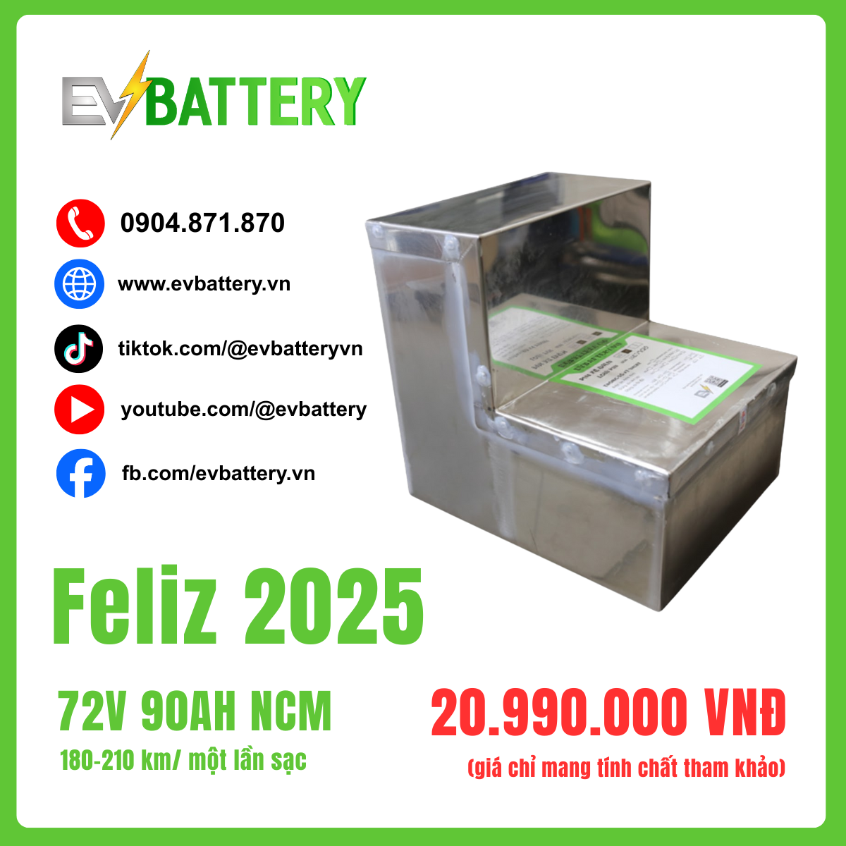 Độ PIN Xe Máy Điện VinFast Feliz 2025 72V 90AH NCM - EVBattery